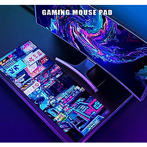 LTHAOGUO Neon Street Desk Mat, Japanese Vaporwave Cyberpunk City Cyan Gaming Mouse Pad, Rubber Base XL Large Deskmat for Computer Laptop, 31.5 X 11.8 Inch -Tokyo Rain Umbrella