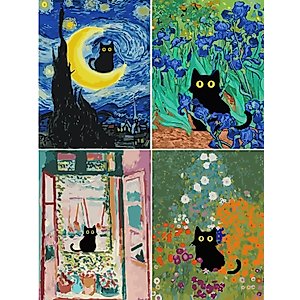 ARPADAMO Adults Beginners Paint by Number Kits ? Press Digital Easy Acrylic Black cat 4 Pieces Paint, DIY Watercolor Paint Press Digital kit on Canvas Home Wall Decoration Without Frame 12×16inch