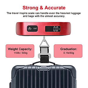 travel inspira Luggage Scale, Portable Digital Hanging Baggage Scale for Travel, Suitcase Weight Scale with Rubber Paint, 110 Pounds, Battery Included - Red