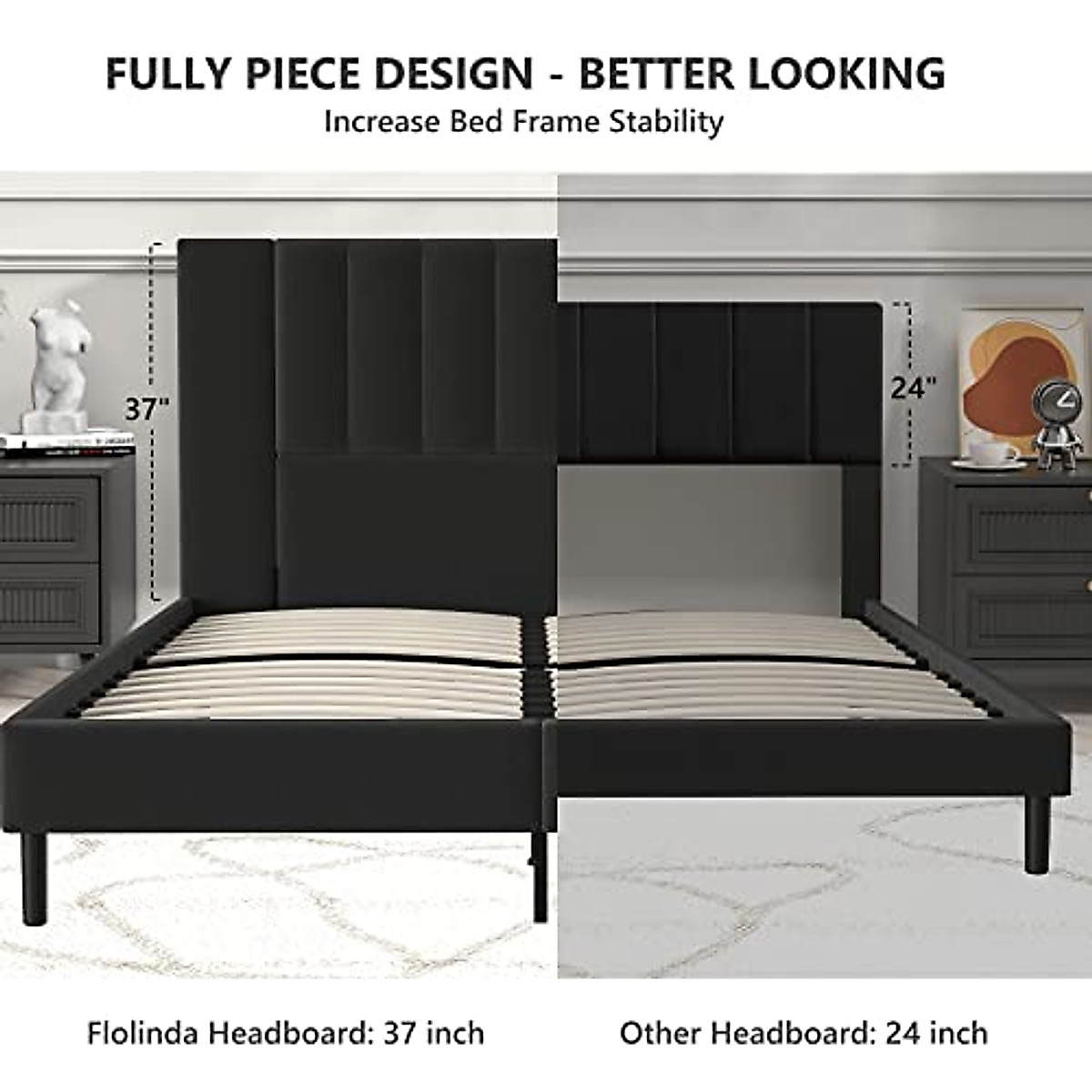 Flolinda Full Size Platform Bed Frame with Velvet Upholstered Headboard and Wooden Slats Support, Fully Upholstered Mattress Foundation/No Box Spring Needed/Easy Assembly, Black