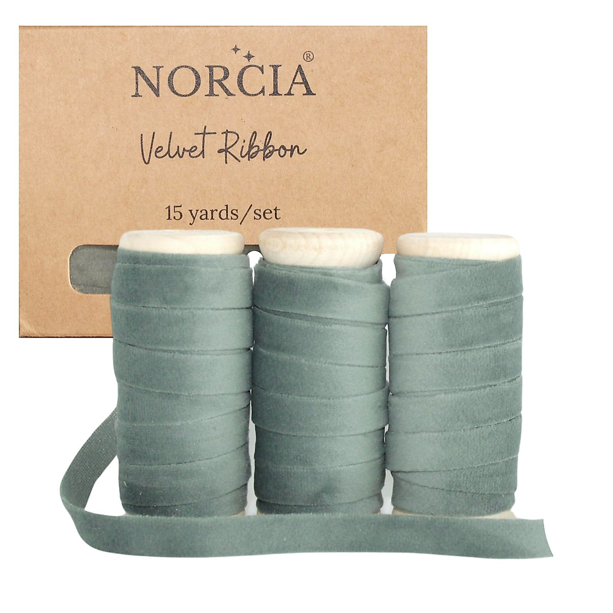 NORCIA Velvet Ribbon 3/8 inches 15Yd with Wooden Spool 3 Rollsx5Yd Eco-Friendly Christmas Ribbon for Gift Wrapping, Handmade Craft Ornaments Bow Making, Christmas Decoration (Dusty Green)