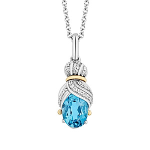 Jewelili Enchanted Disney Fine Jewelry Sterling Silver and 10K Yellow Gold with White Diamond Accent and London Blue Topaz Cinderella Pendant Necklace