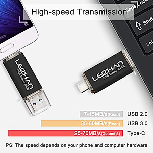 leizhan 64GB USB C Flash Drive USB 3.0 Type C Dual Jump Drive Memory Stick for USB C Smartphones, Samsung Galaxy S10,S9, Note9, S8, S8 Plus, LG G6, Google Pixel XL, Tablets,Black