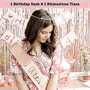 225 Pc Rose Gold Birthday Party Decorations Kit for Girls, Teens Or Women - Happy Birthday Pre-Strung Banners, Curtains,Table Runner, Balloons, Sash, Tiara, Cake Toppers, Plates, Cups, Napkins Straws for 25 Guest & Thank You Stickers