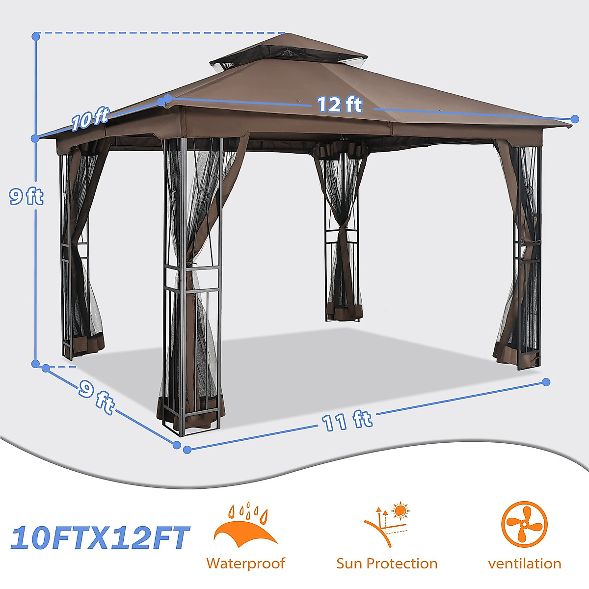 BACKYADOOR 10'X12' Gazebo, Outdoor Gazebo with Mosquito Netting, Patio Gazebo with Ventilation Double Roof for Patio, Deck, Garden (Dark Brown)