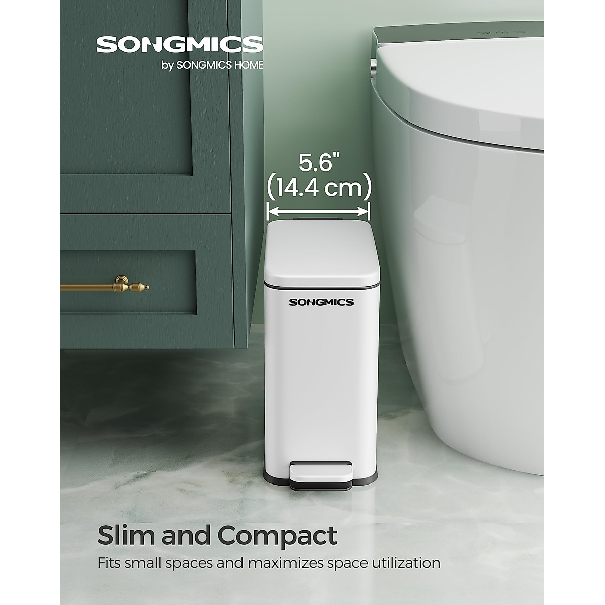 SONGMICS Bathroom Trash Can, 1.3 Gallon (5 L) Small Trash Bin with Lid, Slim for Small Spaces, Stainless Steel Garbage Can, Soft Close, White ULTB560W05