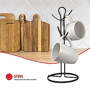Home Basics Chrome Wire Collection Durable Steel Mug Tree Stand, 6-Hook Coffee Tea Cup, Holder Kitchen Countertop, Black