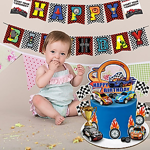 24PCS Race Car Happy Birthday Cake Decoration Race Car Cake Toppers Checkered Flag Themed Cake Decoration Race Car Themed Birthday Party Supplies Boy and Girl Cake Decoration