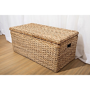 Wholestory Collective Handwoven Wicker 35" Banana Leaf Rattan Storage Trunk and Chest Seagrass XL Organizers with Lid, Natural Color with Handles