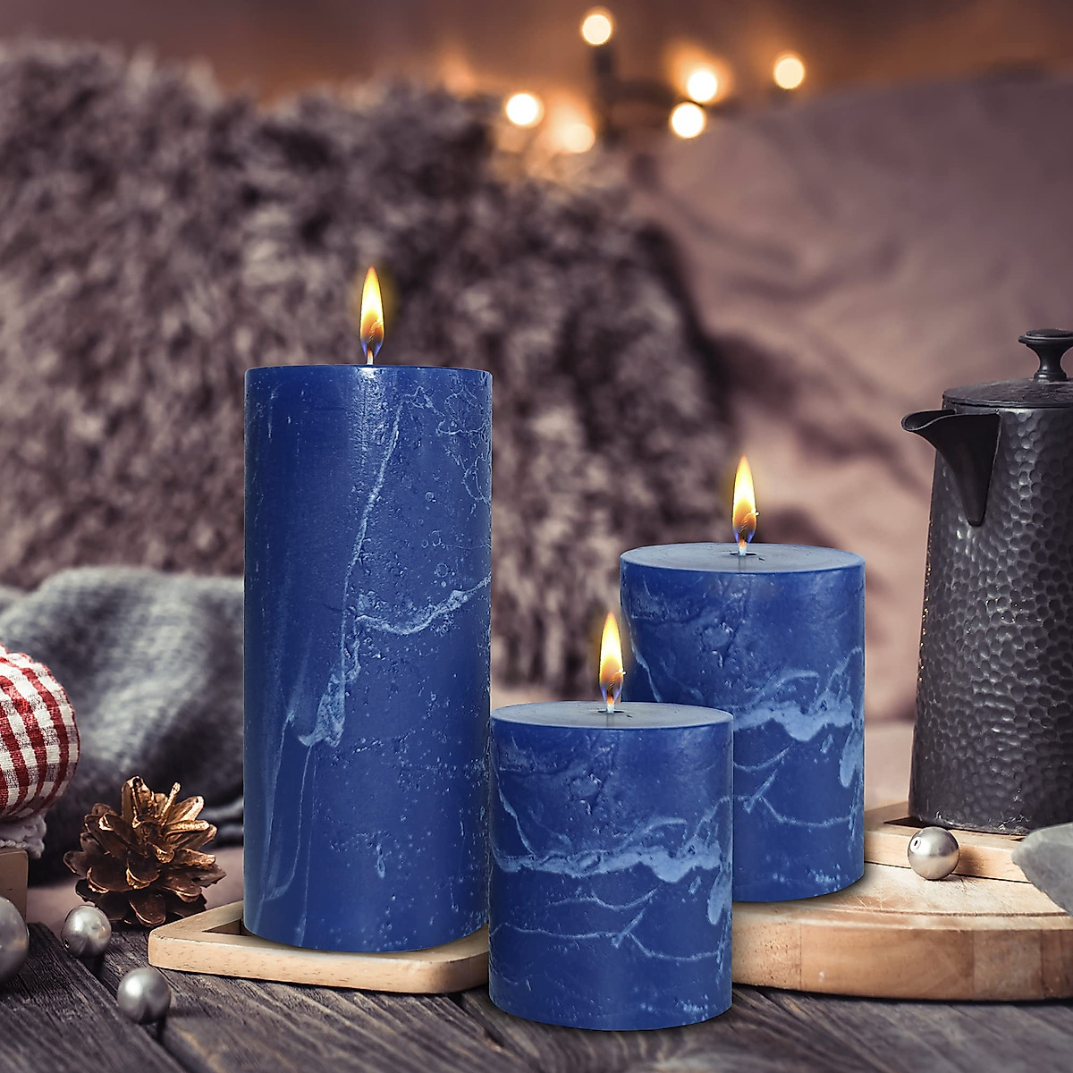 Simply Soson Blue Rustic Texture Pillar Candles 3x6 inch - Set of 3 - Unscented Decorative Blue Candles, No drip Candles, Ideal as Large Candles for Home Decor, Weddings, Holidays