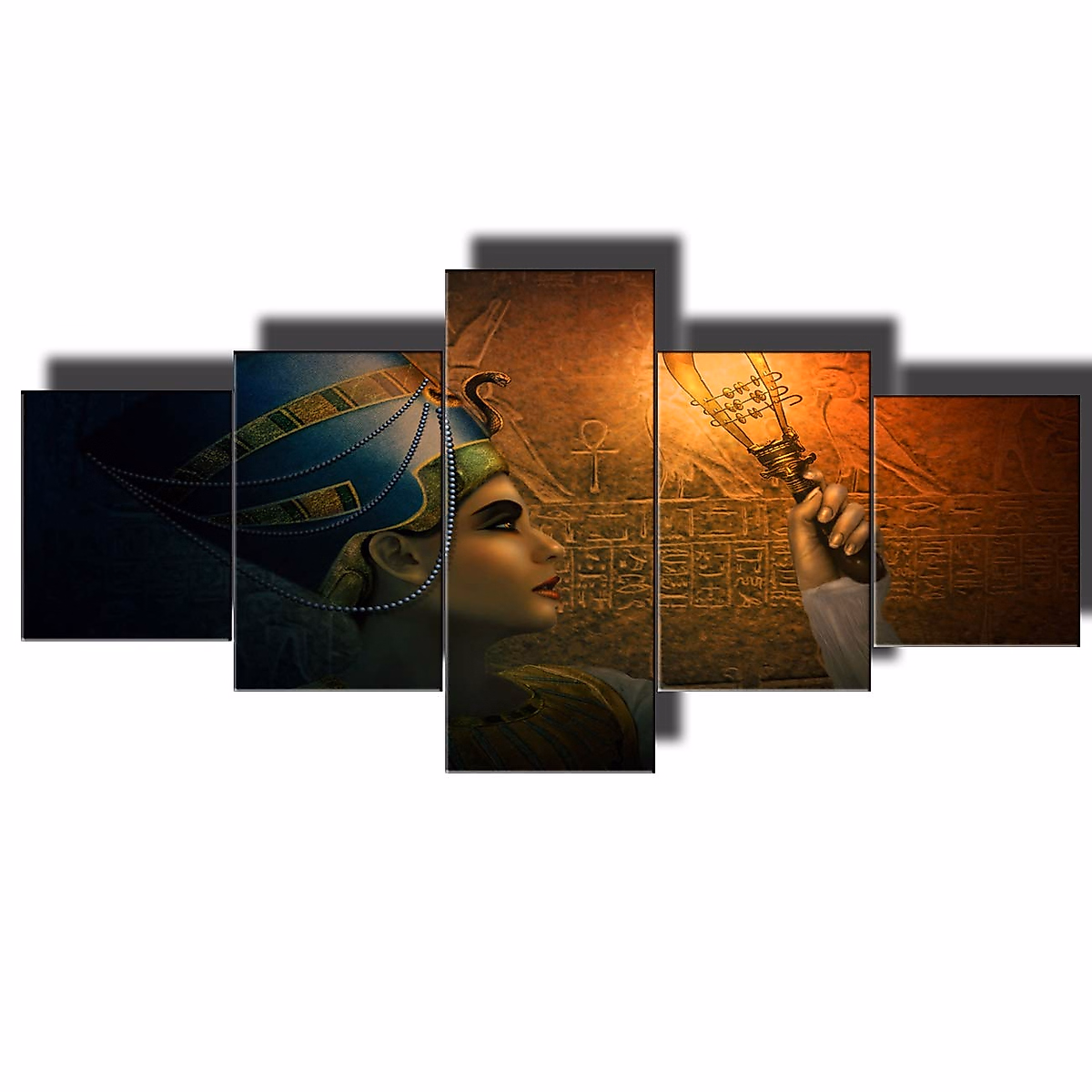 TUMOVO Wall Art for Living Room Egyptian Panels Paintings Cleopatra Pictuers 5 Piece Canvas Modern Artwork Home Decor for Bedroom Office Framed Gallery-Wrapped Stretched Ready to Hang(50''Wx24''H)