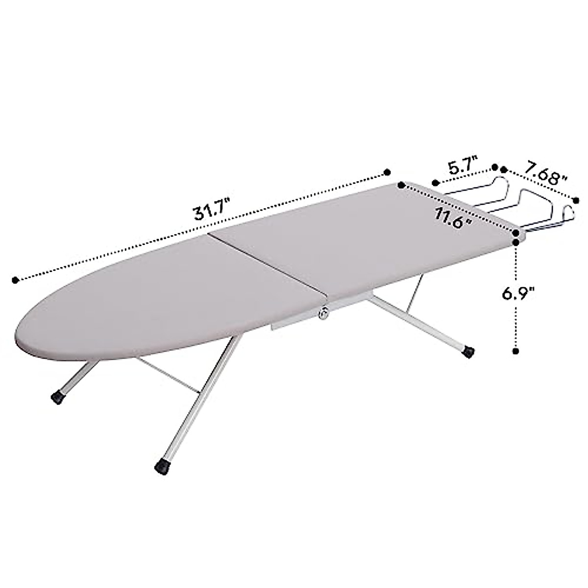ALIMORDEN Small Tabletop Ironing Board with Iron Holder Compact Folding Ironing Board with Legs and Cover Pad Space Saver for Convenient Storage Traveling RVs and Campers Grey