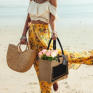 Silkfly 12 Packs Jute Burlap Tote Bags 11.81x7.87x5.51 Inches Burlap Beach Bags with Handles Nice Gift for Women Mom (Black)