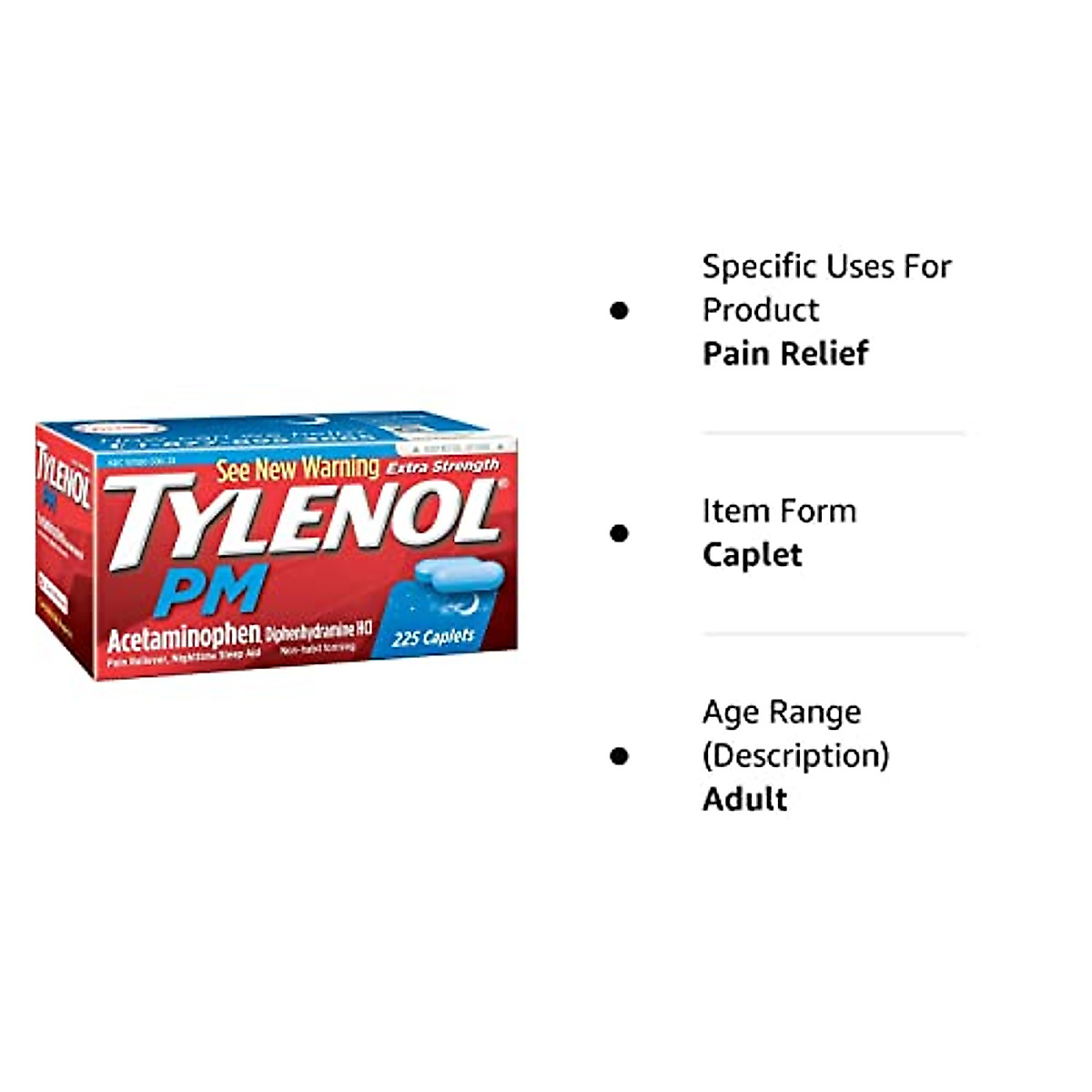 Tylenol Pm Extra Strength Pain Reliever + Sleep Aid, 225-caplets ( 1 Pack )