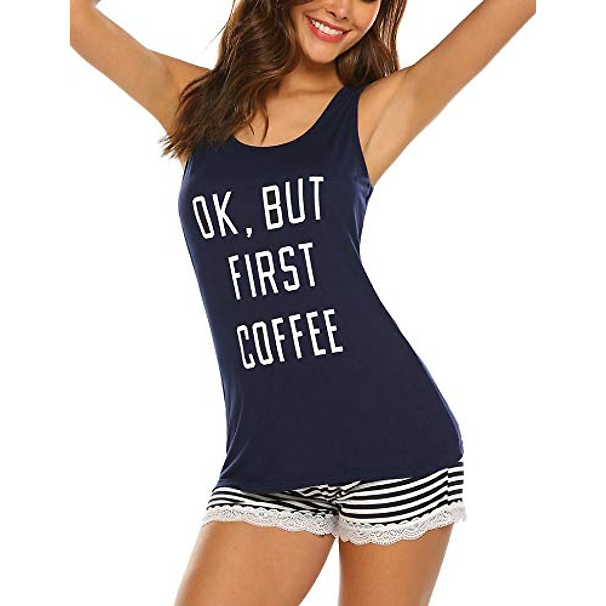 Ekouaer Pajamas for Women Summer Pjs for Women Set with Print Tank Top and Shorts Nightwear Navy Blue M