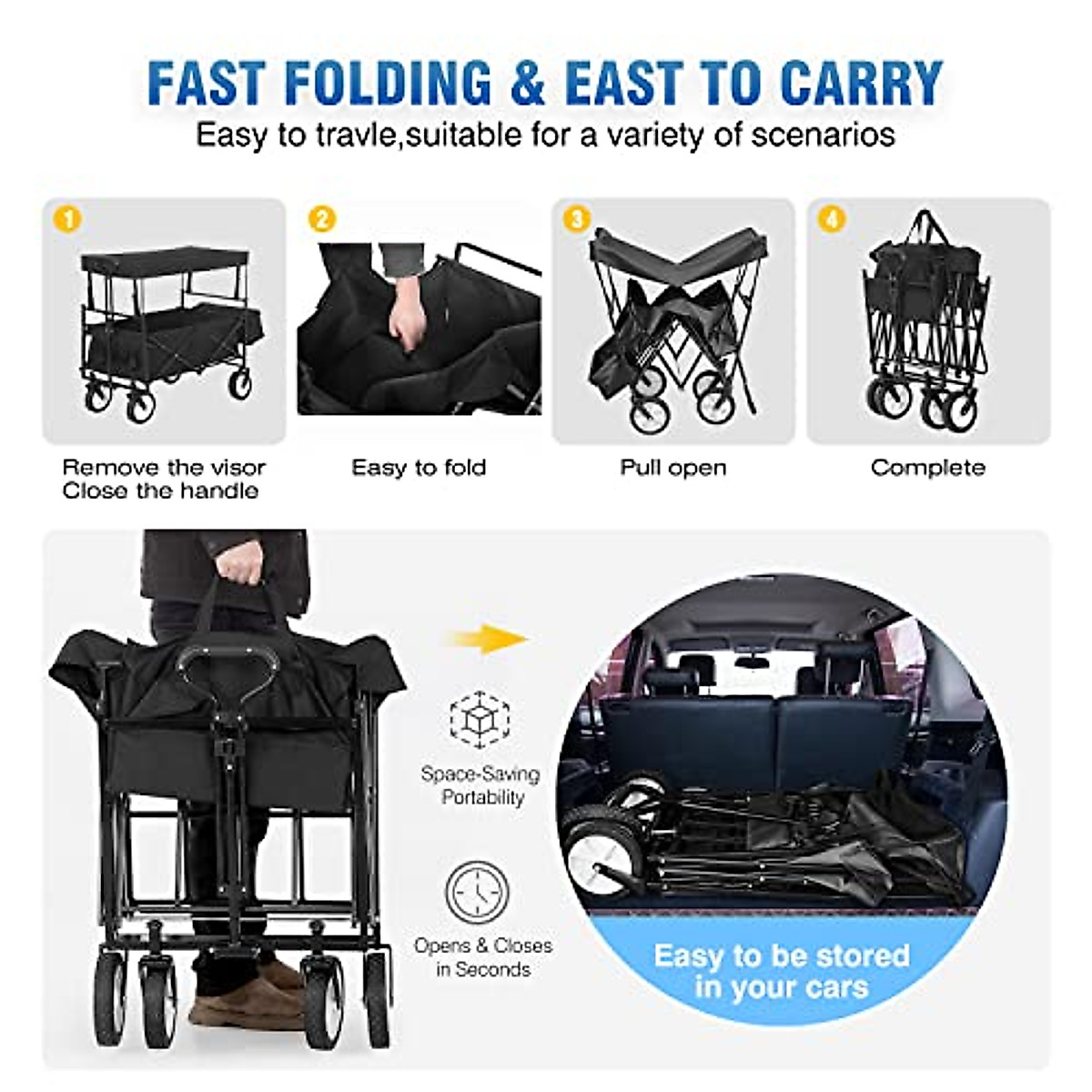 Folding Wagon Collapsible Wagon Garden Cart w/Removable Canopy Universal Wheels for Camping Picnic Outdoor Event,Black