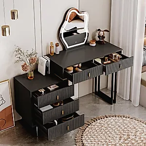 Black Vanity Desk with Mirror and Lights,Small Makeup Vanity with 5 Drawers，Modern Makeup Table with Adjustable Cabinet for Bedroom,Makeup Room