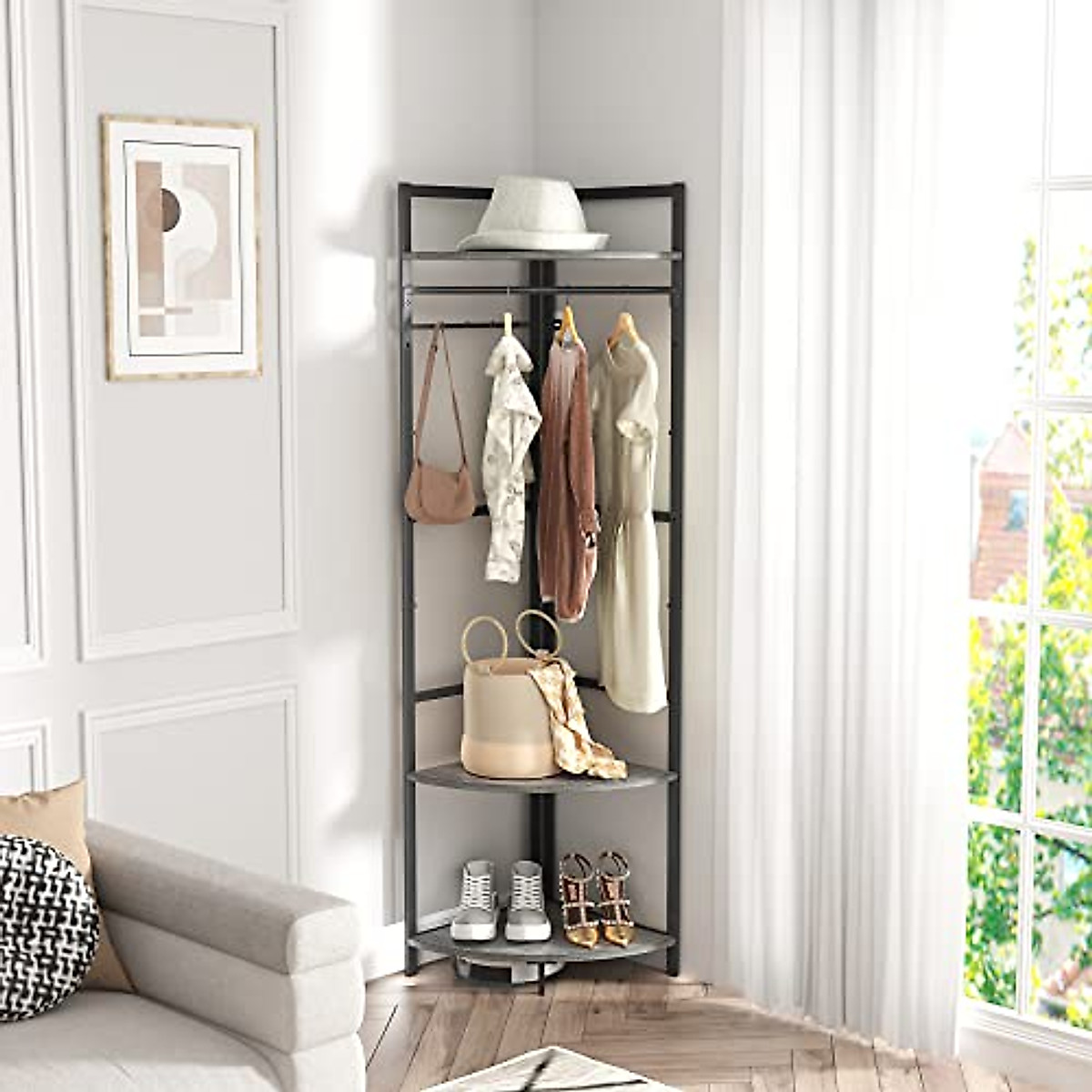 QNICE 5 Tier Industrial Corner Shelf Stand, Tall Rustic Coat Rack, Wood and Metal Corner Shelving (Dark Grey Oak)