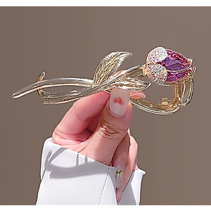 2PCS Tulip and Feather Hair Clip, Pearl Rhinestone Hair Claws French Style Twist Hair Barrette Non Slip Jaw Banana Hair Accessories for Women (TUYU)-003