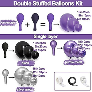 Black Purple Silver Balloon Garland - Double Stuffed Dark Purple Black Balloons Metallic Silver Lavender Lilac Balloon Arch Kit for Halloween Wednesday Birthday Graduation Wedding Party Decoration