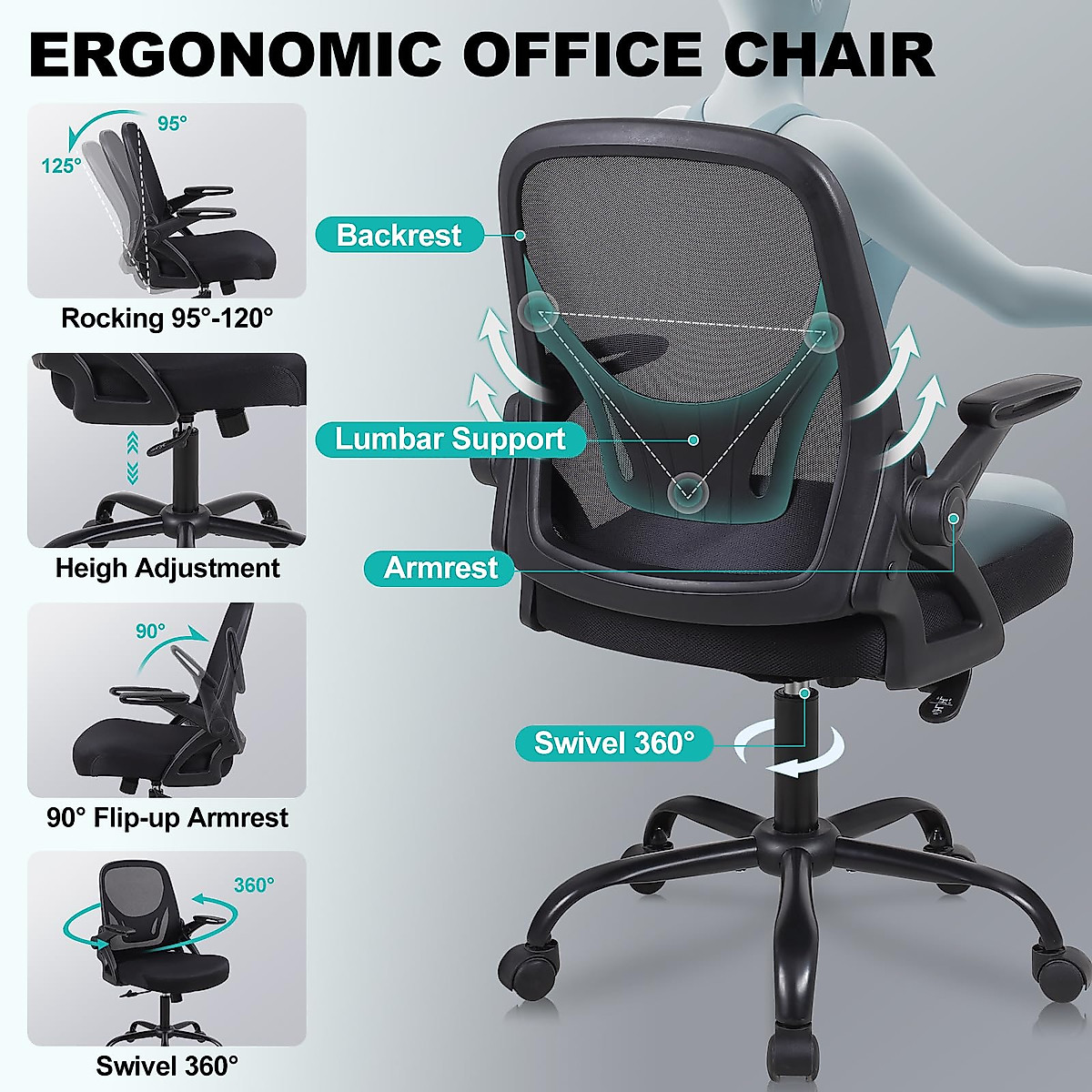 Nusetx Office Chair, Ergonomic Desk Chair - Thick Cushion Adjustable Height Computer Chair with Lumbar Support and Flip-up Armrests, Home Office Desk Chairs, Swivel Executive Task Chair, Black
