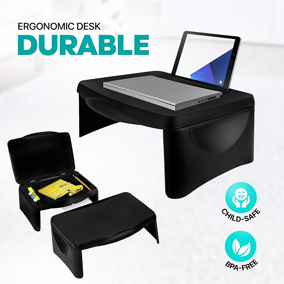 Folding Lap Desk, Laptop Desk, Breakfast Table, Bed Table, Serving Tray - The lapdesk Contains Extra Storage Space and dividers & Folds Very Easy, Great for Kids, Adults, Boys, Girls (Black)