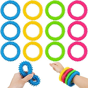 Jenaai 12 Pack Sensory Fidget Toys Spiky Sensory Ring and Bracelet Stretchy Soft Flexible and Rubber Spikes Stress Rings for Youth Adults Calm Reduce Stress (Red Blue Yellow Green)