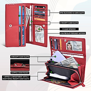 Ozora RFID Block Handmade Bifold Leather Wallet with Multi Card Holders, Travel Purse for Women (Red Floater)