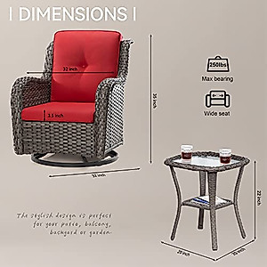 Joyside Outdoor 360 Degree Swivel Rocker Patio Chairs Sets of 2 and Matching Side Table - 3 Piece Wicker Patio Bistro Set Patio Swivel Rocker Chairs with Olefin Fabric Cushion(Brown/Red)