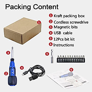 Terokota 3.6V Cordless Power Screwdriver, USB Rechargeable Electric Screwdriver with Philips, Flat, Hex, Star Bits, 1/4Socket Adapters, Magnetic Dual Heads Bit & LED Light
