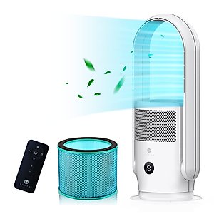 ULTTY Bladeless Tower Fan with Air Purifier, 90° Oscillating Bladeless Fan with Remote, Touch, 8H Timer, Floor Fans for Bedroom Whole Room Home Office R021, White