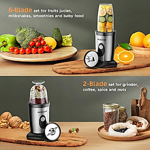 Acezoe Blender Shakes and Smoothies, 850W Portable Blender, One-Button Mixer, 3D 6-leafs, 2x17oz Personal Blender Bottle, BPA Free Kitchen, baby food, Grinding, Juice-Silver