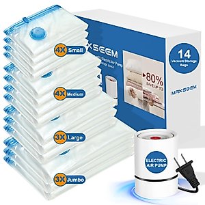 MAXSEEM Vacuum Storage Bags with Electric Pump, 14Pack Vacuum Seal Bags for Clothing, 3J/3L/4M/4S Compression Storage Bags, Space Saver Bags for Comforters, Duvet, Blankets, Coverlet, Quilt, Mattress