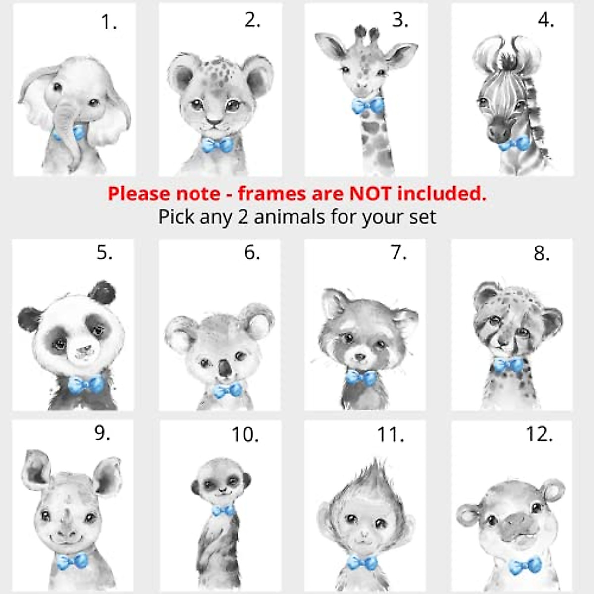 Personalized Safari Animals for Baby Boys Nursery Bedroom Unframed set of 3 Poster Prints, Personalized Name Blue Green Yellow Bow Tie Wall Art Decor New Baby Gift Present, Elephant Giraffe Lion Zebra (8x10)