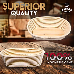 Banneton Bread Proofing Basket By Caesar Bread, 10 Inch Oval Sourdough Brotform For Rising Dough Set, Include Cloth Liner, Scraper, Bread Lame, Brush & Recipe Book For Beginners & Professional Bakers