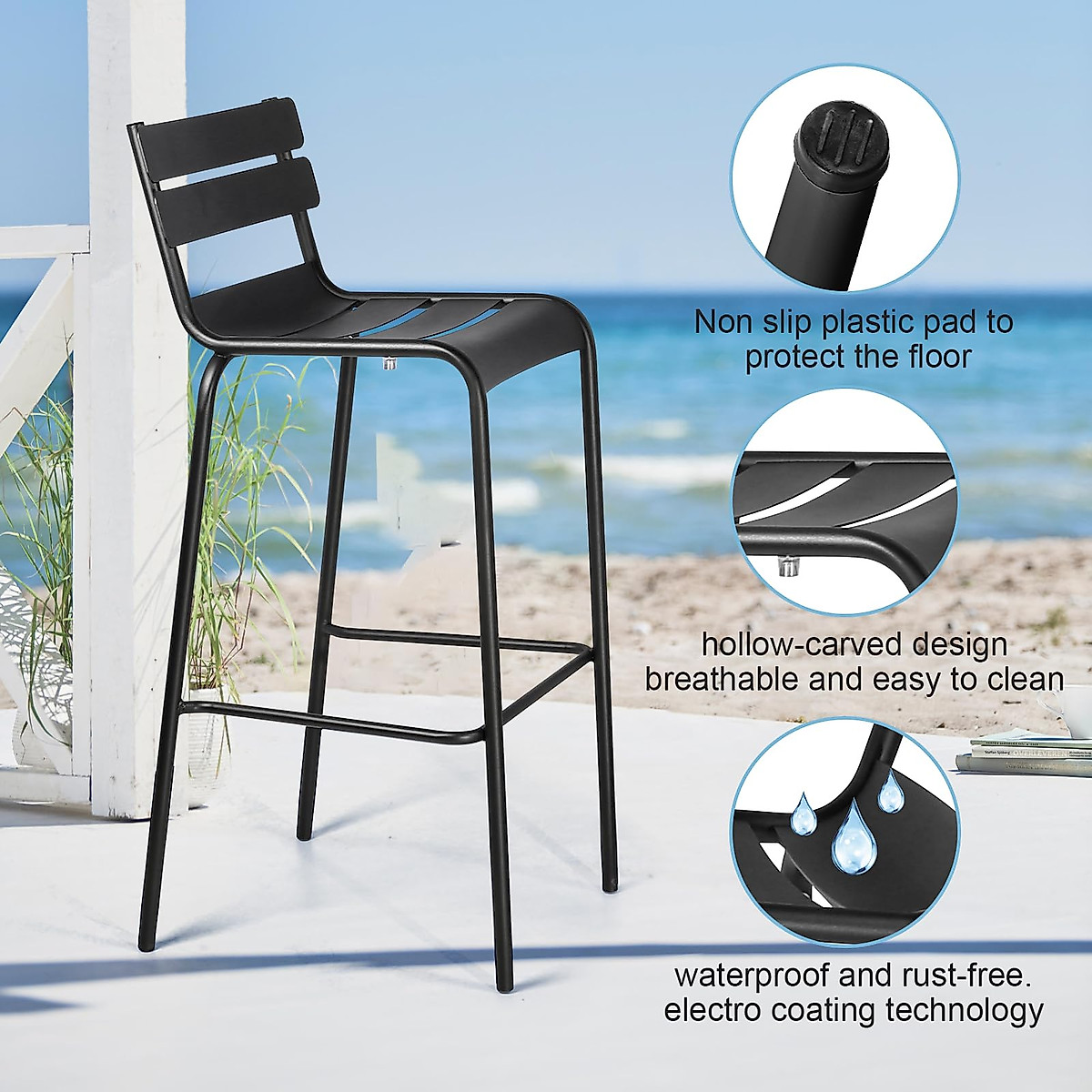 BOKKOLIK Metal Bar Stools with Backrest Extra Tall Patio Chairs Modern Cafe Chair for Outdoor Indoor Kitchen Dining Stool 31.4inch Seat Height (Set of 2) (Black)