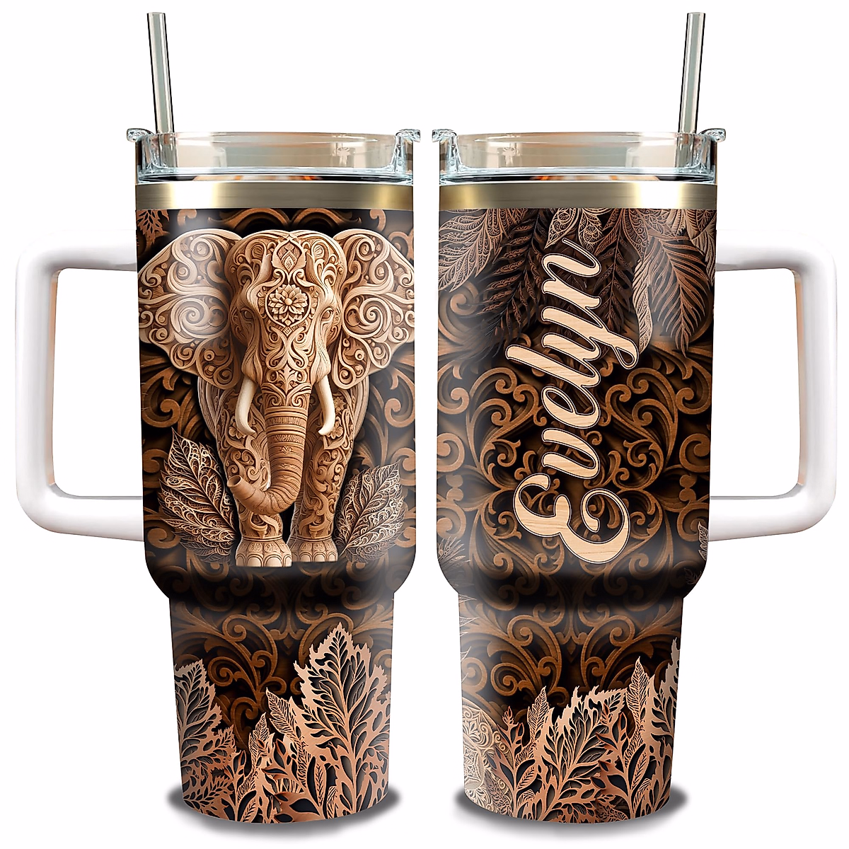 WAZONE Personalized Elephant 40oz Tumbler with Handle and Straw Custom Name Animal Wooden Drawings Stainless Steel Travel Coffee Cup With Lid Gifts for Elephants Lover Men Women Teen