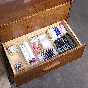 7 PCS Plastic Clear Drawer Organizer Set, 4 Sizes Desk Office Drawer Organizing Trays and Divider,Storage Bins for Makeup,Snack,Jewelry,Kitchen,Bedroom, Bathroom vanity Accessories Containers