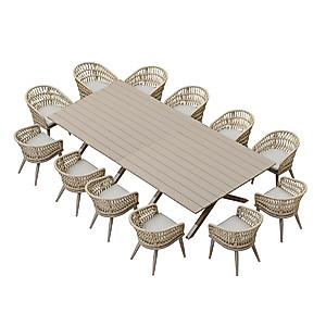 PURPLE LEAF 14 Pieces Outdoor Dining Set All-Weather PE Rattan Outdoor Patio Furniture Set with All Aluminum Frame Rectangular Table and Chairs Set for Lawn Garden Backyard Deck, Champagne