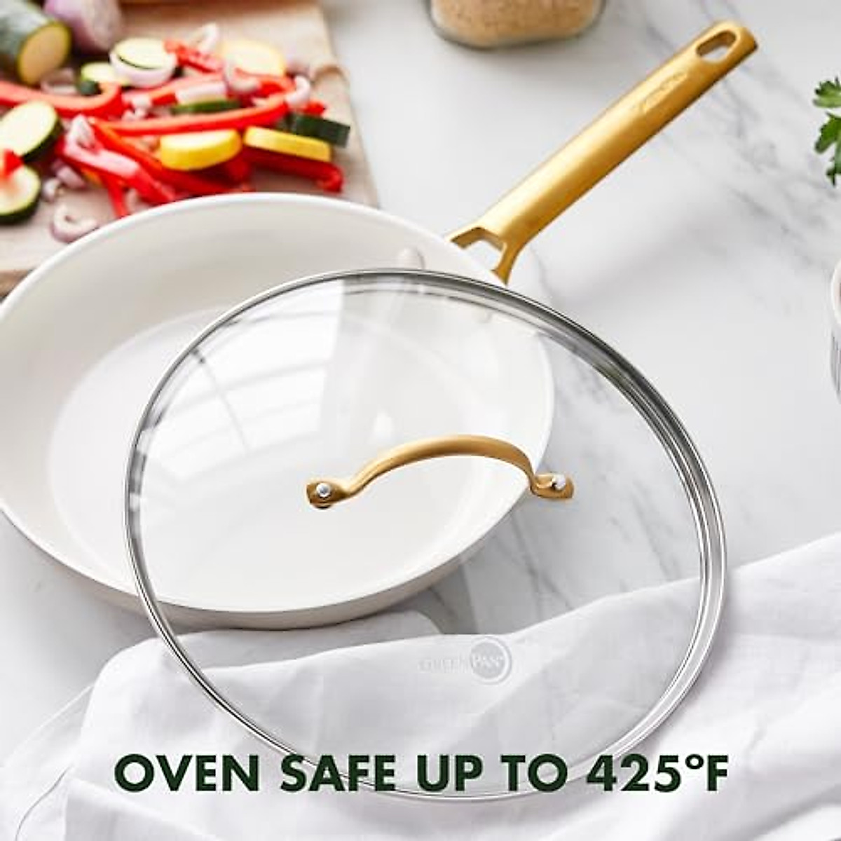 GreenPan Reserve 10" Tempered Glass Lid for Pots and Pans Cookware, Gold-Tone Handle with Matte Finish, Dishwasher and Oven Safe