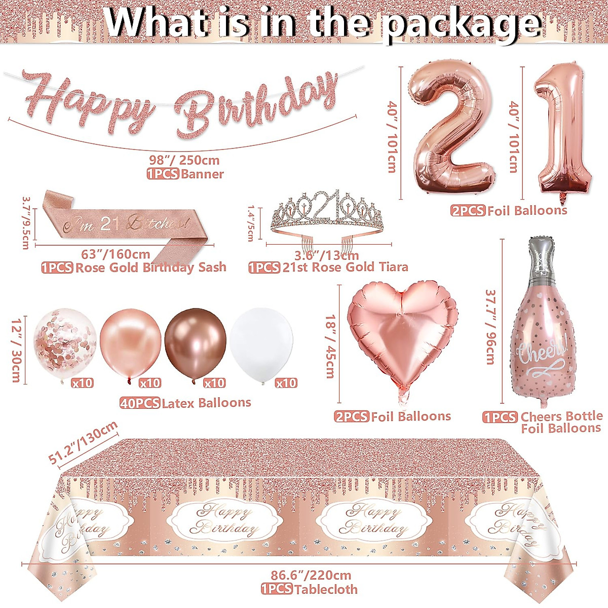 21st Birthday Decorations for Her - Rose Gold 21 Birthday Decorations, Rose Gold Banners, Balloons, Tablecloth, Fringe Curtain, Sash and Tiara for Women Girls Princess 21st Birthday Party Supplies