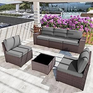 Piltwoff 6 Pieces Waterproof Outdoor Patio Set, Modern All-Weather Outdoor Patio Furniture Sets with 5 Black&Brown Chairs. Outdoor Sectional Sofa for Garden/Backyard/Balcony(Grey)