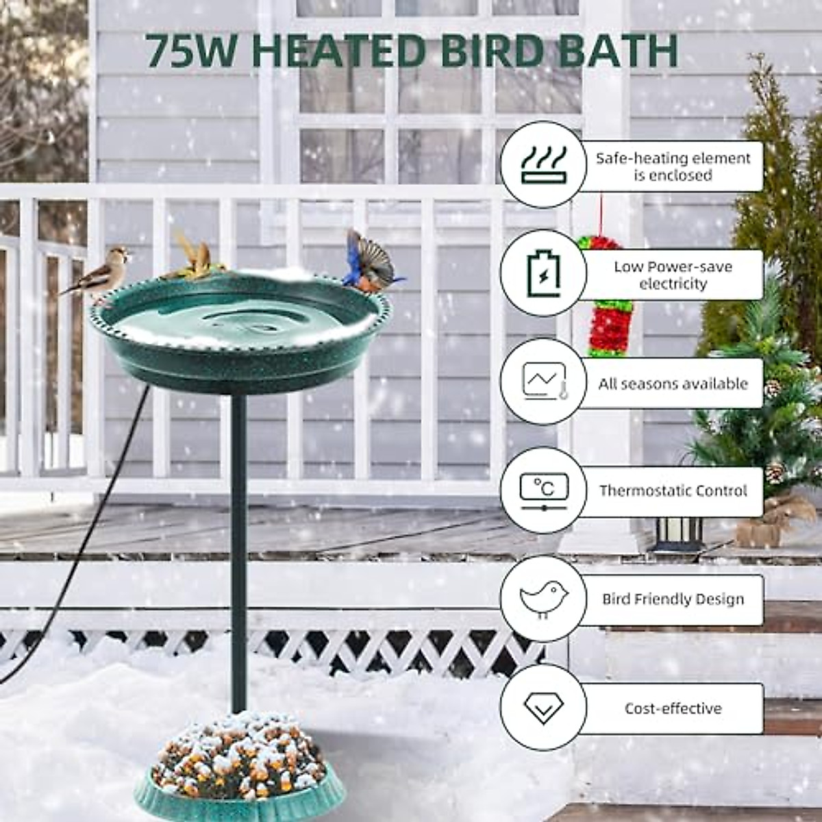 Heated Bird Bath for Outdoors for Winter, 75W Bird Bath Water Heater Bird Bath Deicer,Deep Bowl Thermostatic Control Weather Resistance Stylish Design with Planter Pedestal for All Seasons(Green)
