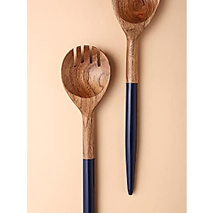 YoTreasure Tiramisu Resin & Wood Blue Salad Server Set Utensils for Modern Serving and Cooking
