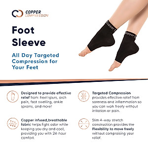 Copper Compression Foot Sleeves - Plantar Fasciitis, Achilles, Ankle Support Brace Socks - Day/Night Relief from Heel Spurs, Arch Pain, Swelling, Soccer Injuries, Golf, Running - 1 Pair Black - L