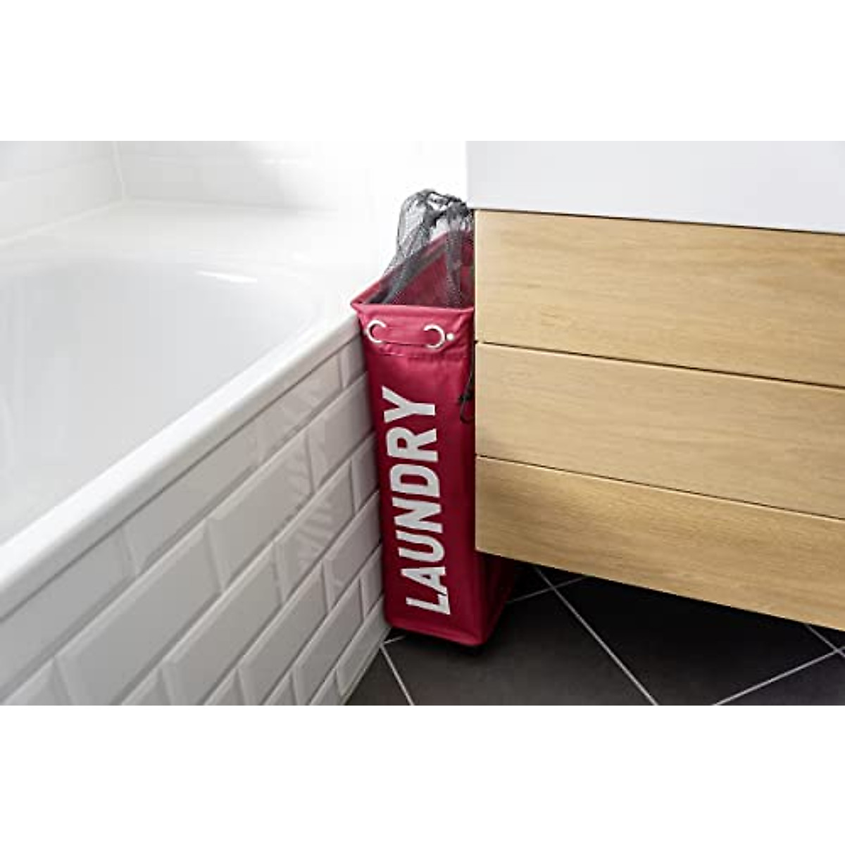 Red Laundry Basket Corno - thin Laundry Hamper with wheels - small space laundry bin - narrow hamper, laundry collector, laundry basket with wheels