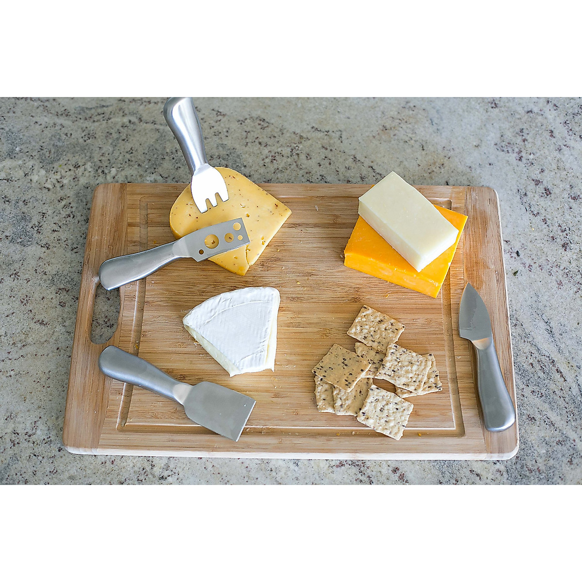 Internet's Best 4 Piece Stainless Steel Cheese Set - Slicer Cutter Knife Fork for Hard Soft Crumble Cheeses - Shaver Spreader Tools