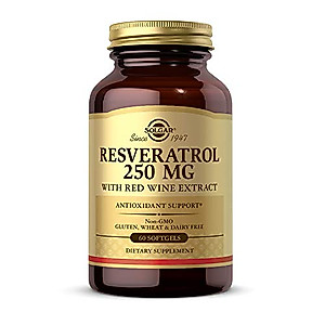 Solgar Resveratrol with Red Wine Extract, 250 mg, 60 Softgels - Antioxidant Protection - Immune Support - Red Wine Polyphenol - Non-GMO, Gluten Free, Dairy Free - 60 Servings