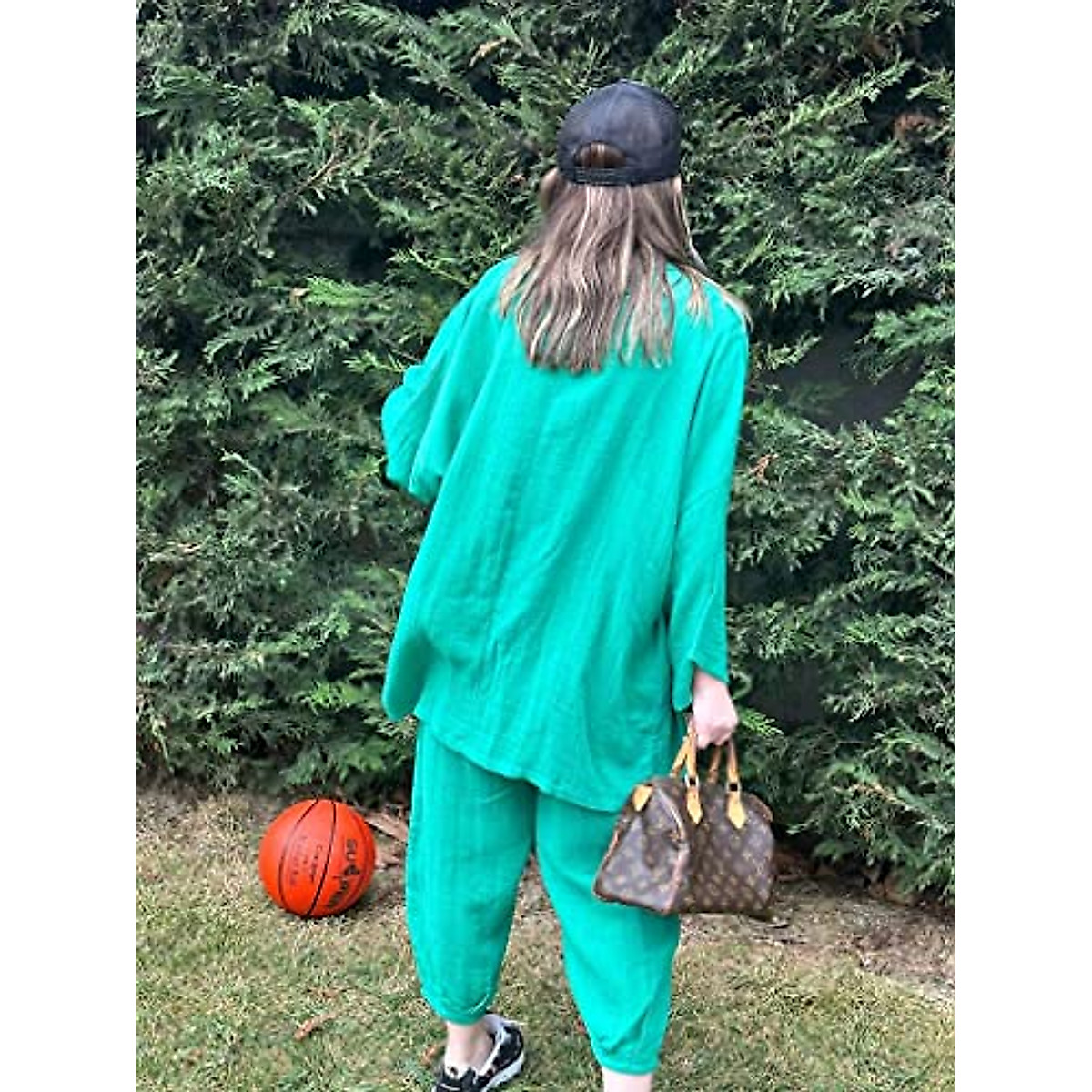 H&L Moda Women's Linen 2 Piece Outfits - Cropped Tank Top and Loose Fit Drawstring Pants Set (Green, L-XL)