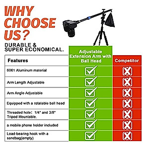 KapSnug 22-37 Inch Aluminum Tripod Extension Arm Overhead Camera Mount, Horizontal Retractable Center Column, 360-degree Ball Head, 170-degree Angle Adjustable Arm, Tripod not Included